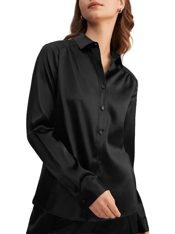 Lilysilk Long Sleeve Collared Silk Blouse - Black