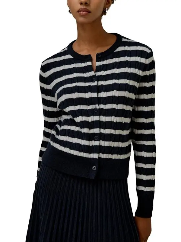 Lilysilk Striped Cable-knit Cardigan - Blue And White Stripes