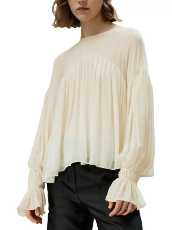 Lilysilk Sheer-shoulder Ruffle Blouse - Custard White