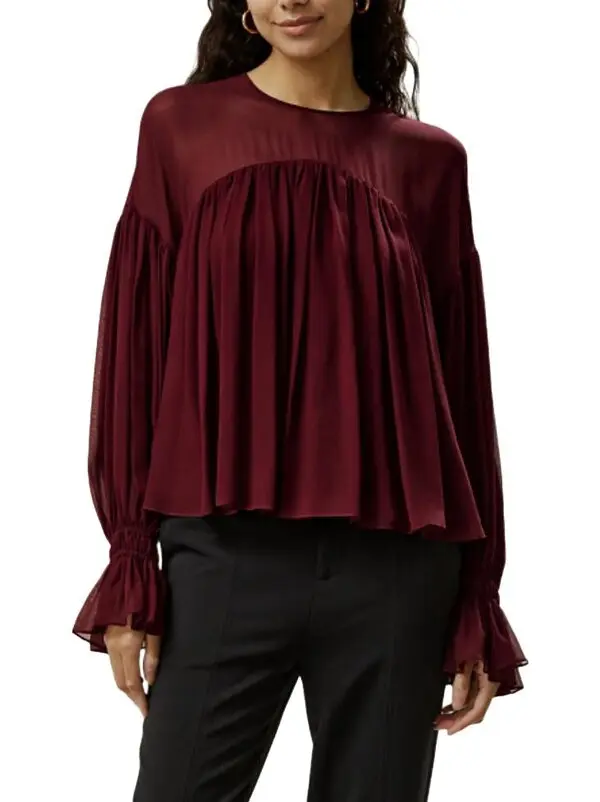 Lilysilk Sheer-shoulder Ruffle Blouse - Oxblood