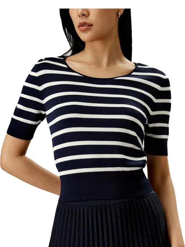Lilysilk Silk Striped Cropped Knit Top - Navy Blue And White Stripes