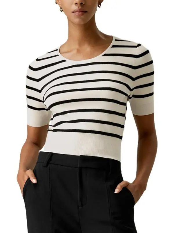 Lilysilk Silk Striped Cropped Knit Top - White With Black Stripes
