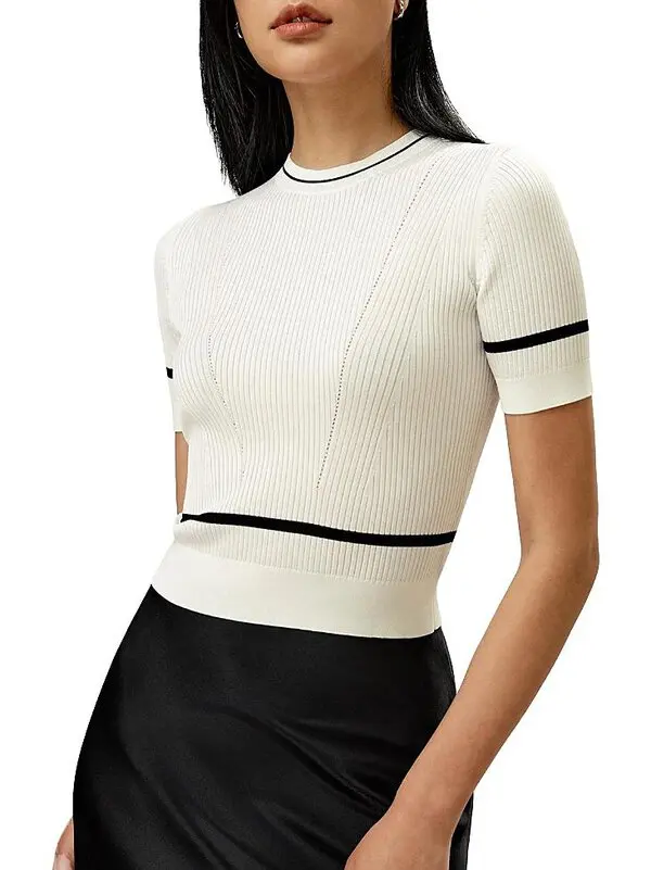 Lilysilk Ribbed Knit Silk Crop Top - White With Black Stripes