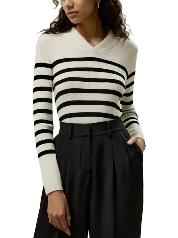 Lilysilk Striped Ultra-fine Merino Wool Sweater - White With Black Stripes