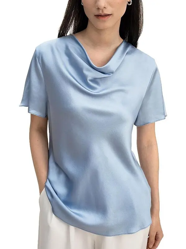 Lilysilk Silk Charmeuse Cowl Neck T-shirt - Sky Blue