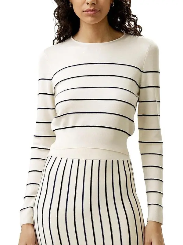 Lilysilk Cropped Silk-knitted Long Sleeve Tee - White With Stripes