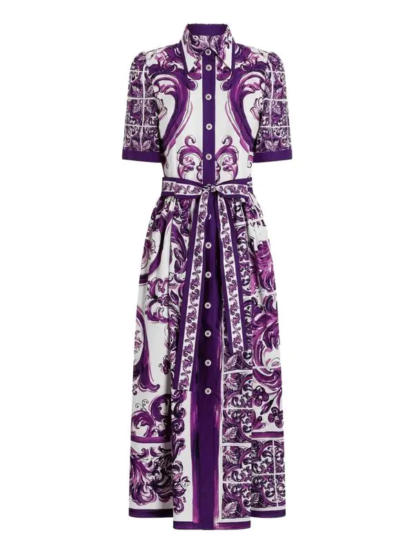 Dolce & Gabbana Maiolica Print Cotton Shirtdress - Purple