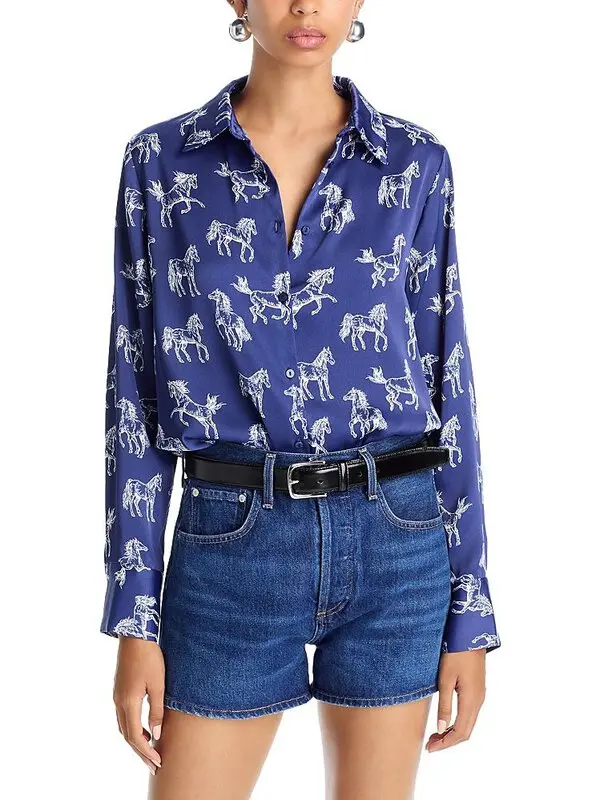 Aqua Horse Print Relaxed Shirt - Navy/ivory