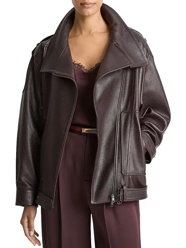 Vince Leather Oversized Biker Jacket - Dark Fig