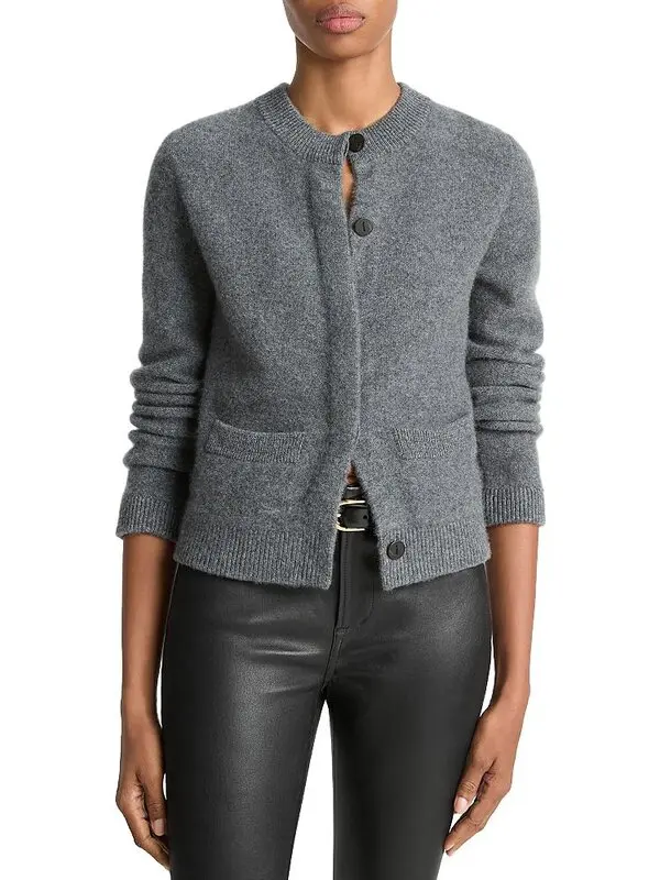 Vince Shrunken Boiled Cashmere Crewneck Cardigan - Heather Graphite