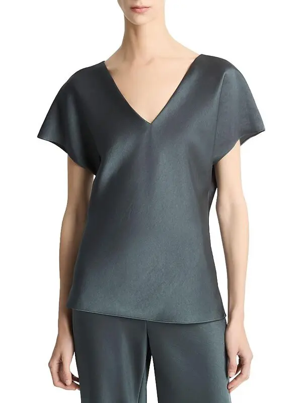 Vince Essential Cap Sleeved V Neck Blouse - Malachite