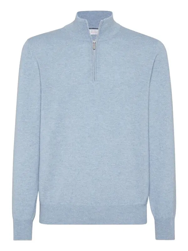 Brunello Cucinelli Cashmere High-neck Zip Sweater - Sky Blue