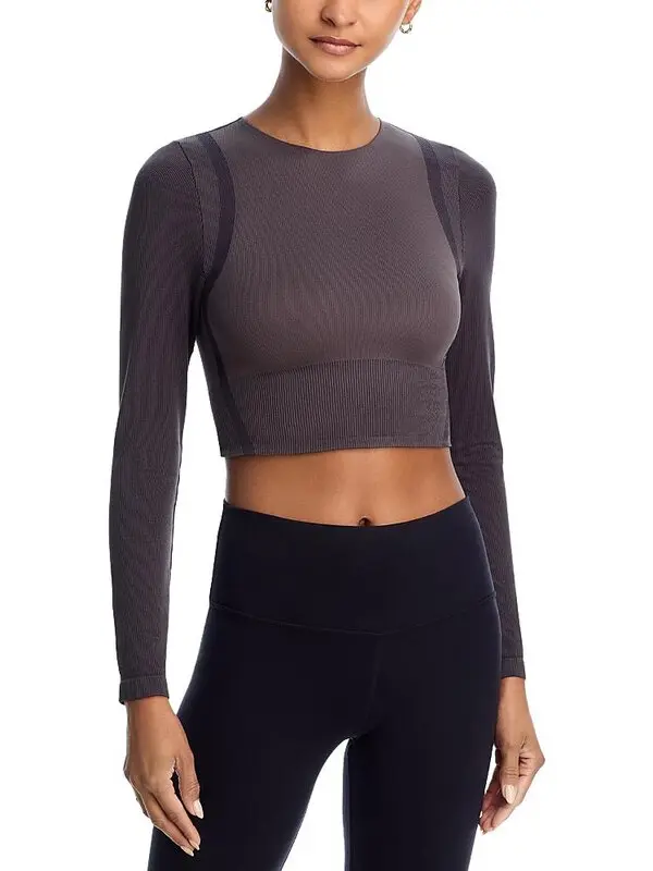 On Studio Knit Long Sleeve Crop Top - Pebble/black