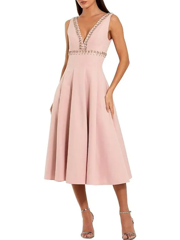 Mac Duggal Crepe A-line Midi Dress With Rhinestone Embellishments - Dusty Rose