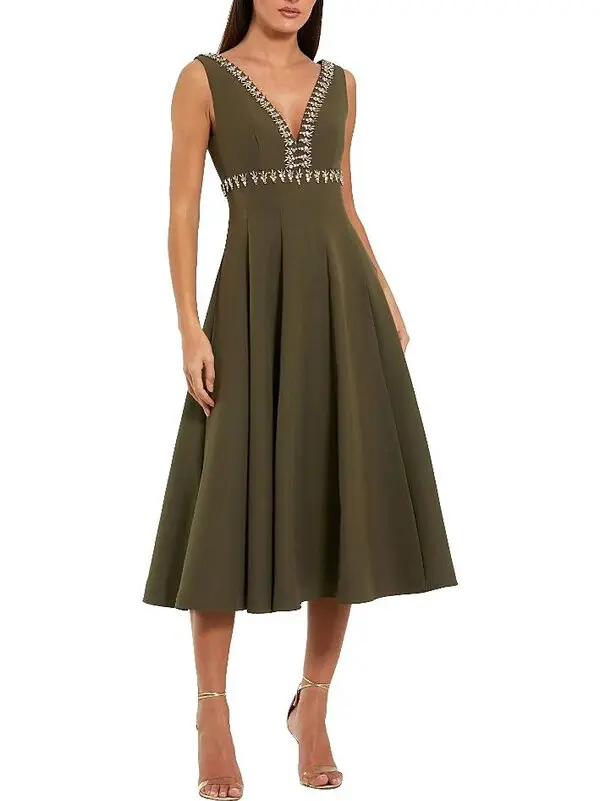 Mac Duggal Crepe A-line Midi Dress With Rhinestone Embellishments - Olive