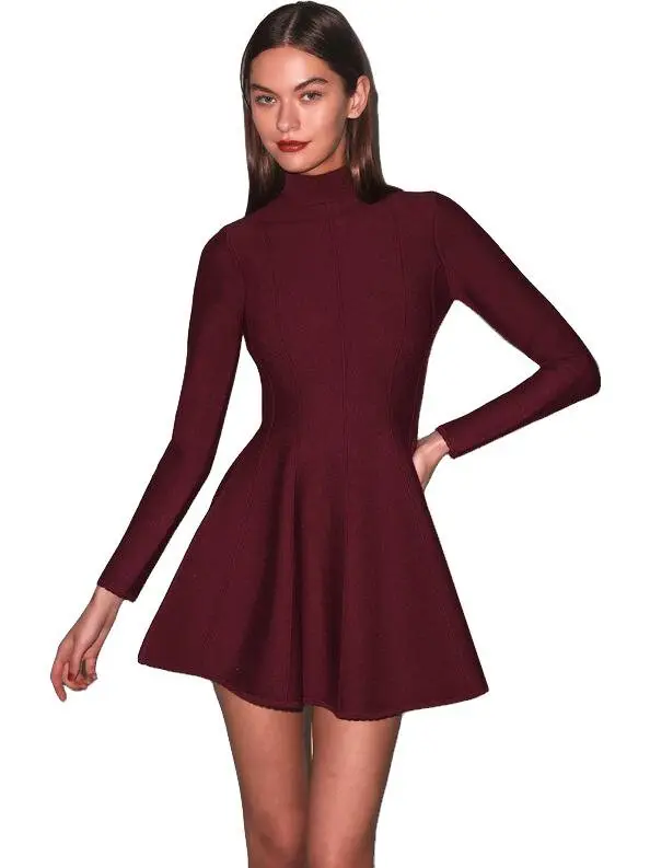FLEUR DU MAL Long Sleeve Flared Corset Mini Dress - Burgundy