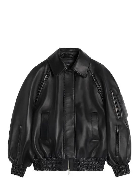 7 For All Mankind Leather Bomber Jacket - Black