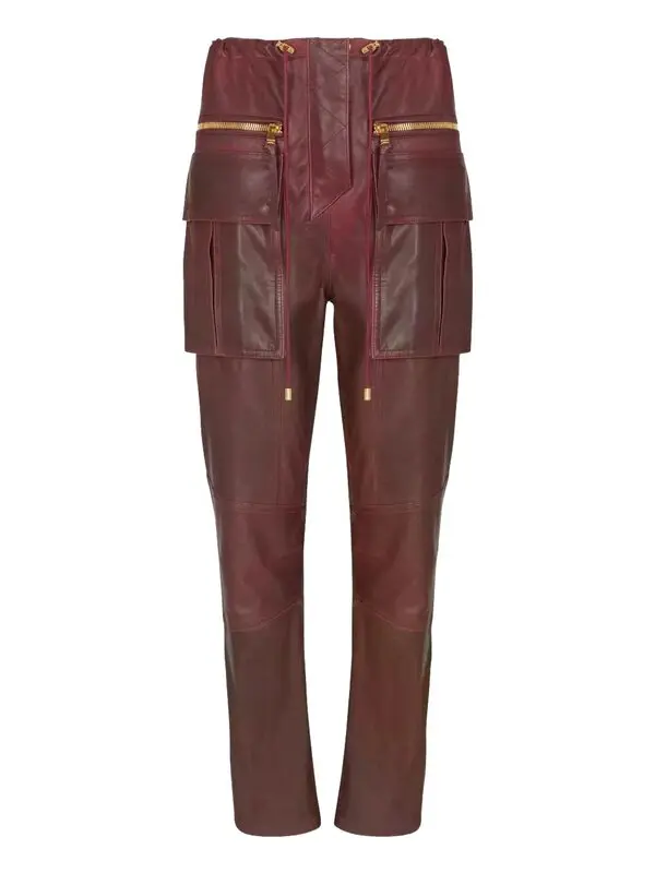 Balmain Lambskin Leather Cargo Trousers - Red