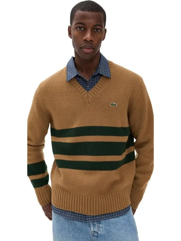 Lacoste V-neck Colorblock Wool Sweater - Date Brown/sinople Green