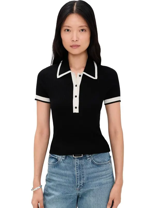 Alice + Olivia Pia Button Down Knit Polo - Black/soft White