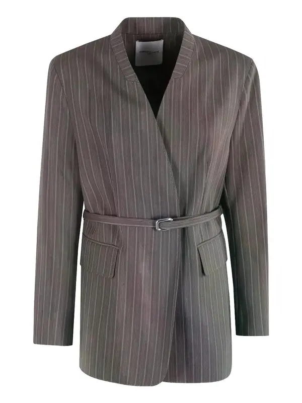 ISABELLE BLANCHE Pinstripe Belted Jacket - Brown