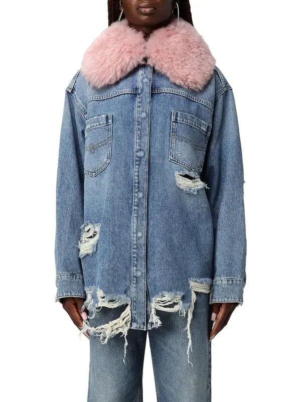 Blumarine Distressed Jacket With Fur Collar - Ice
