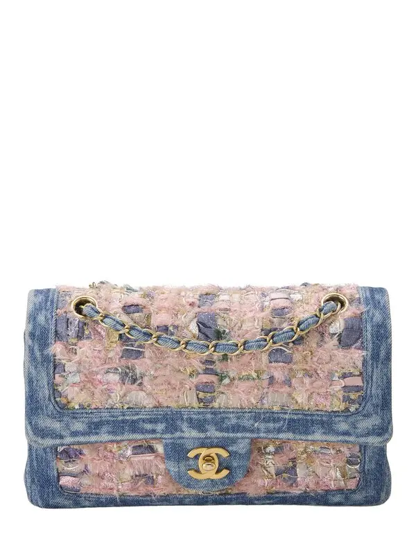 Chanel Tweed Denim Double Flap Medium Shoulder Bag - Pink