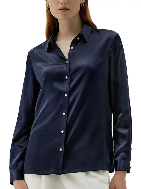 Lilysilk Classic Imitation Pearl Button Silk Shirt - Navy Blue