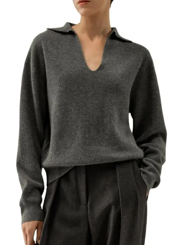 Lilysilk Ribbed Cashmere Polo Sweater - Thunder