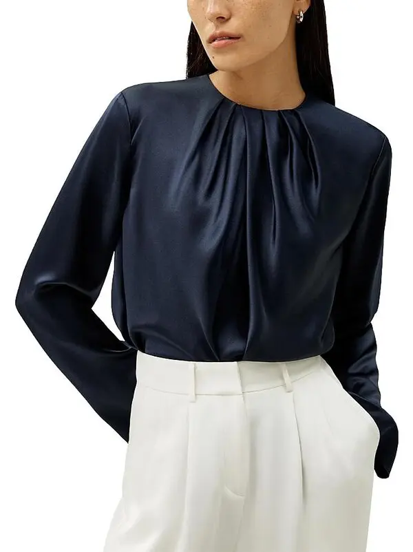 Lilysilk Silk Ruched-neck Top - Navy Blue