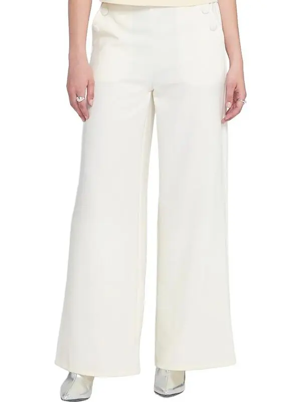 ELLE COLLECTION Self Covered Buttons Wide Leg Trouser - White