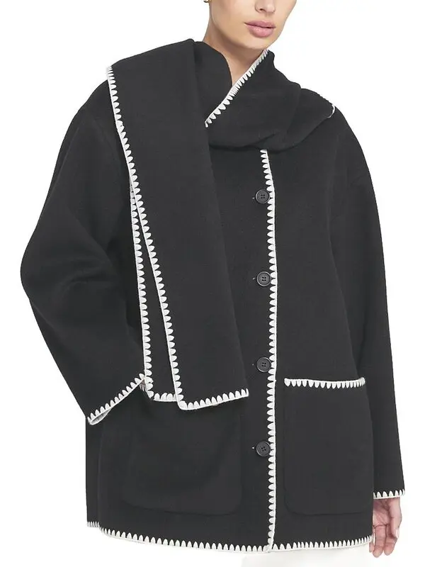 ELLE COLLECTION Detachable Scarf Coat - Black