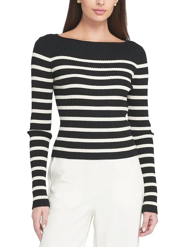 ELLE COLLECTION Striped Fine Gauge Sweater - Black