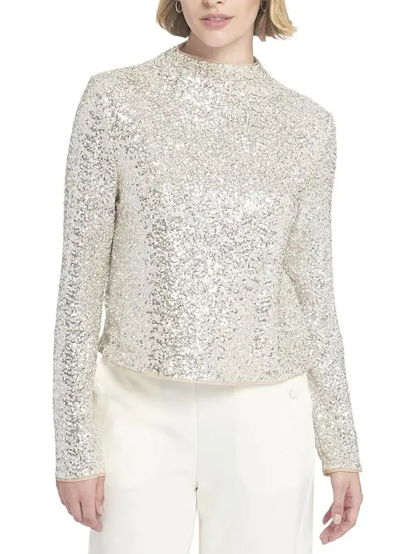 ELLE COLLECTION Sequin Knit Mock Neck Top - Silver