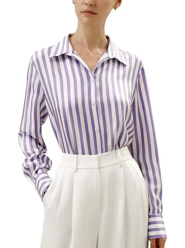 Lilysilk Amalfi Stripe Silk Shirt - Lilac White Pinstripes