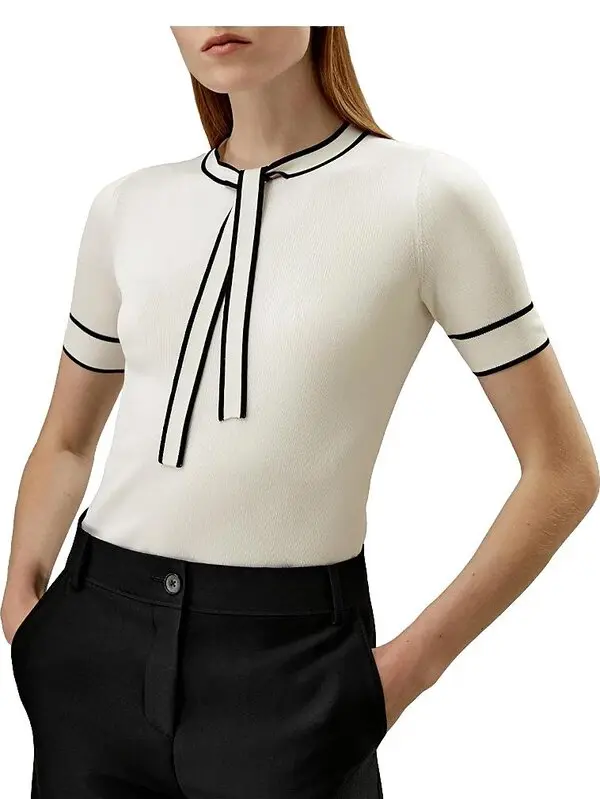 Lilysilk Silk Knit Top With Ribbon Detail - White With Black Stripes