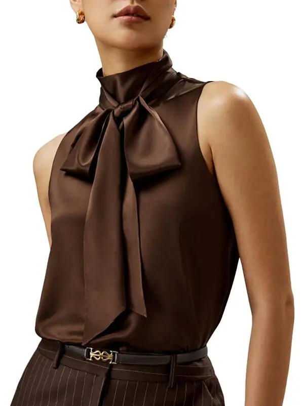 Lilysilk Sleeveless Tie-neck Silk Blouse - Chocolate