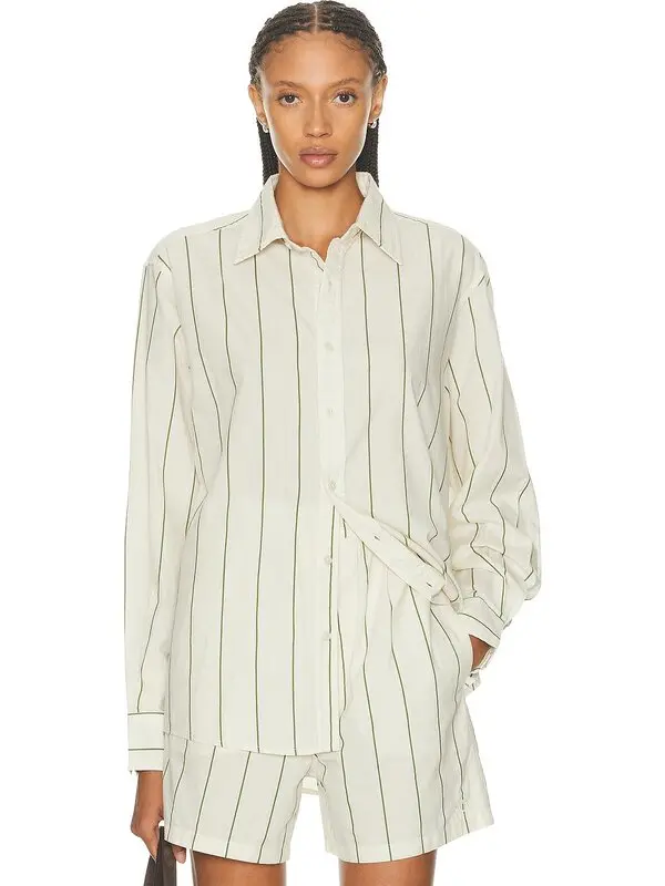 BODE Celery Stripe Long Sleeve Shirt - Green & Cream