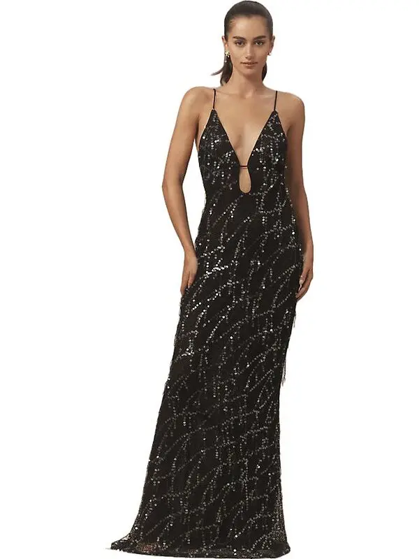 Misha Collection Sequin V-neck Maxi Dress - Black