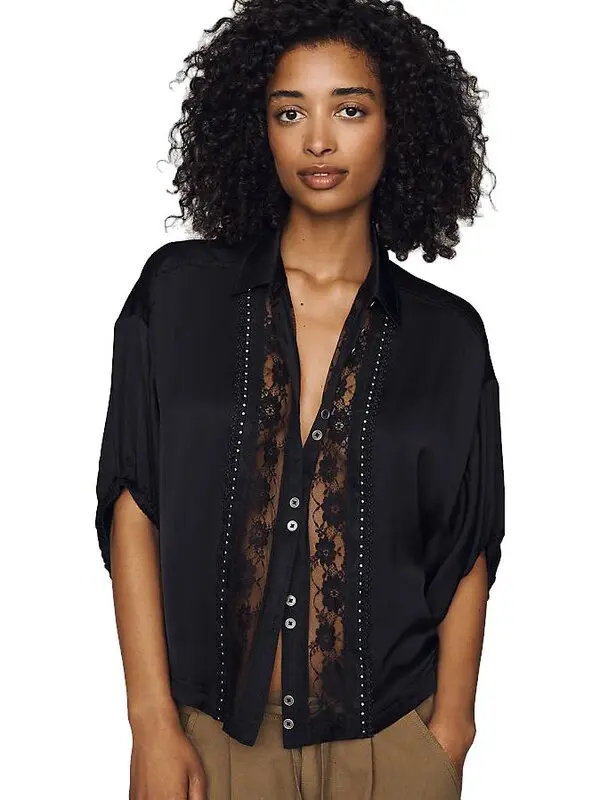 PILCRO Lace Appliqué Button-front Blouse - Anthracite