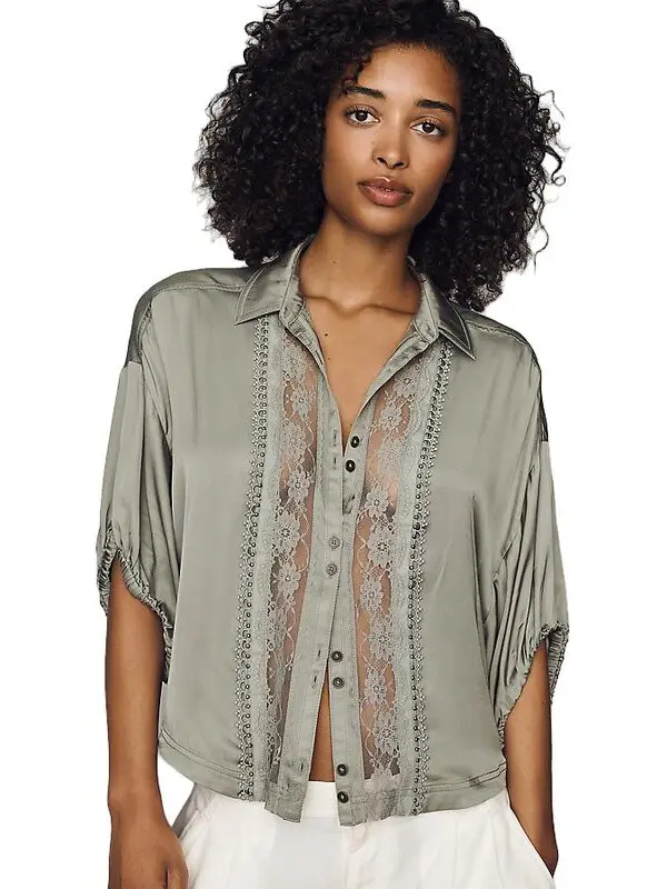 PILCRO Lace Appliqué Button-front Blouse - Shadow