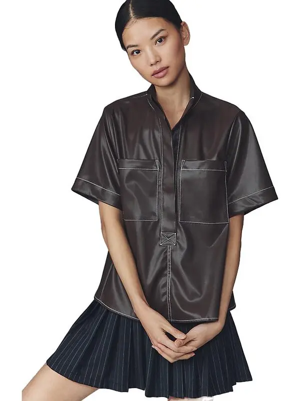 Maeve Jeannie Short-sleeve Henley Blouse - Chocolate