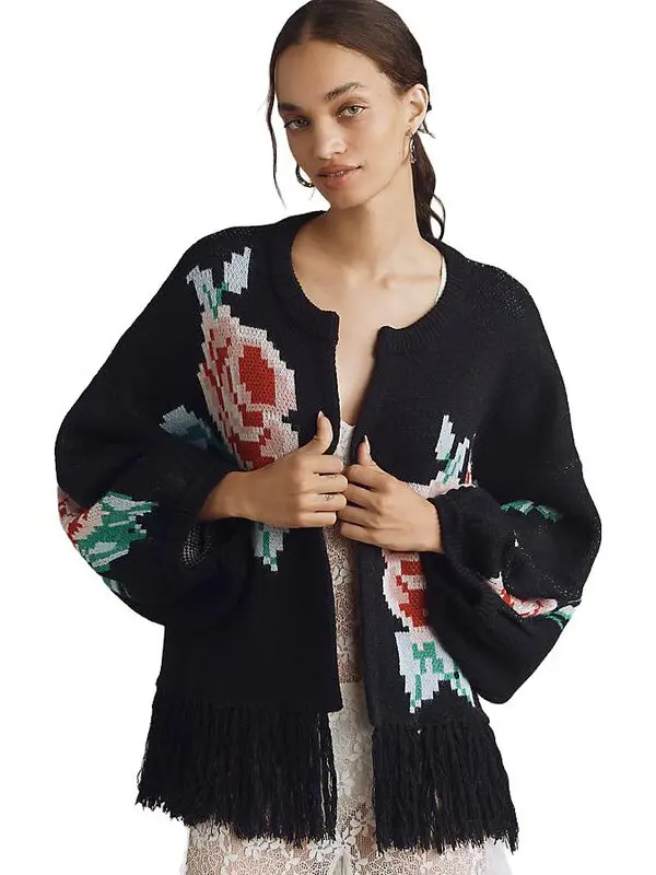 BEL KAZAN Floral Cardigan Sweater - Black Pattern