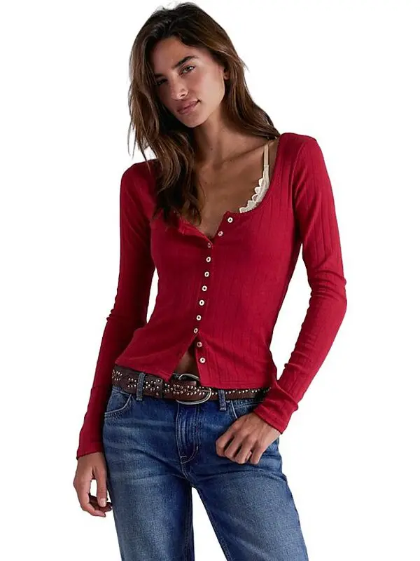 Free People Pointelle Long Sleeve Top - Luxe Red
