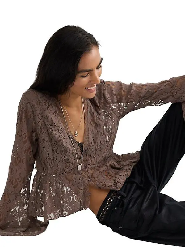 Free People Whispering Love Lace Peplum Top - Castle Gate