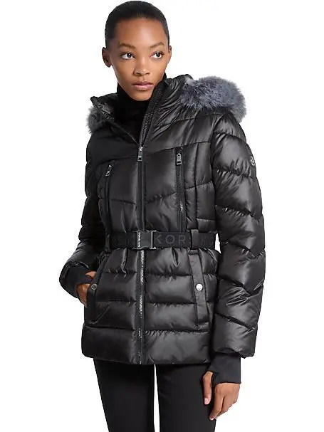 Michael Kors Faux Fur Trim Belted Puffer Jacket - Black