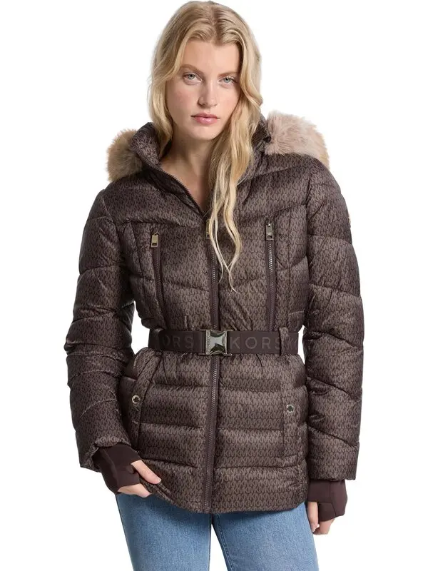 Michael Kors Faux Fur Trim Belted Puffer Jacket - Brown