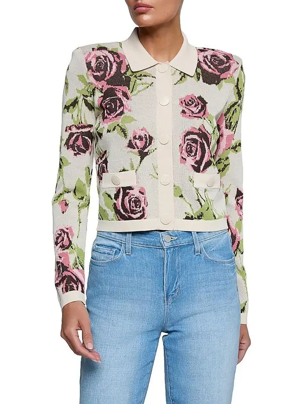 L'Agence Osiris Jacquard Collared Cardigan - Ecru/mauve Romantic Rose