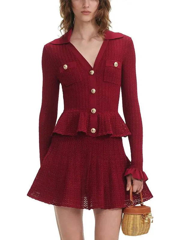 SELF-PORTRAIT Pointelle Knit Mini Dress - Burgundy