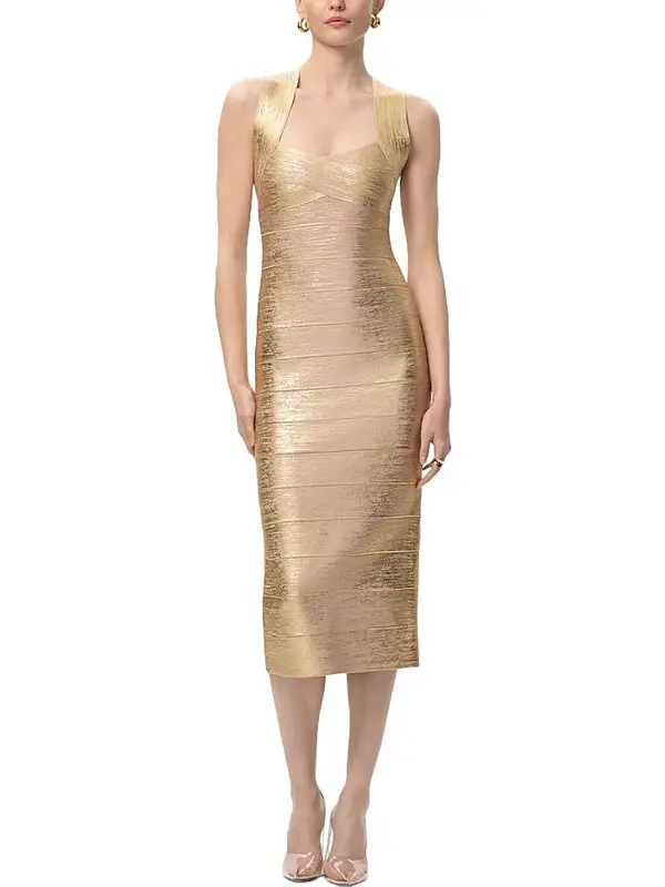 Herve Leger Foil Bodycon Dress - Metallic Gold